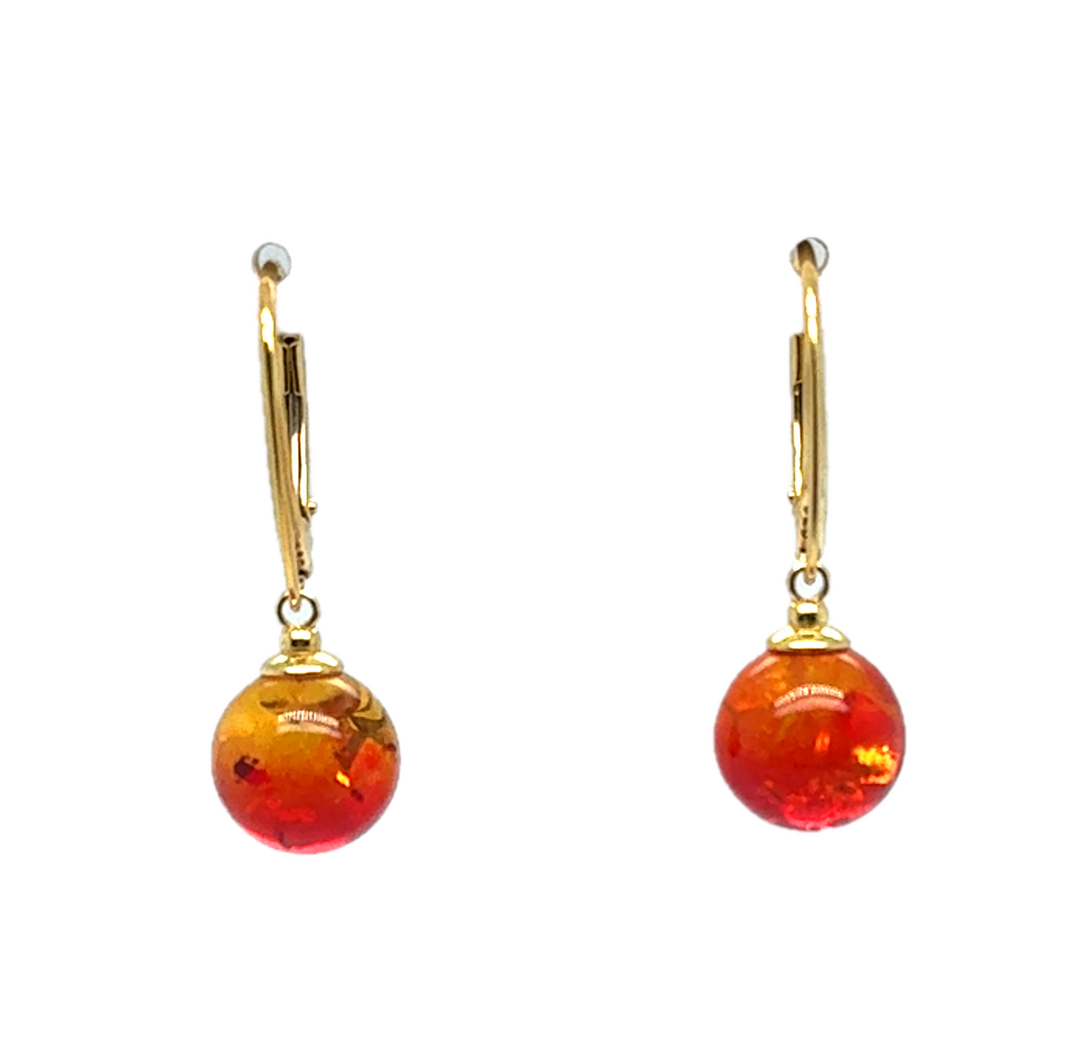 Gold Plated Red Baltic Amber Drop Ball Earrings – B & S Lyncris Jewellers